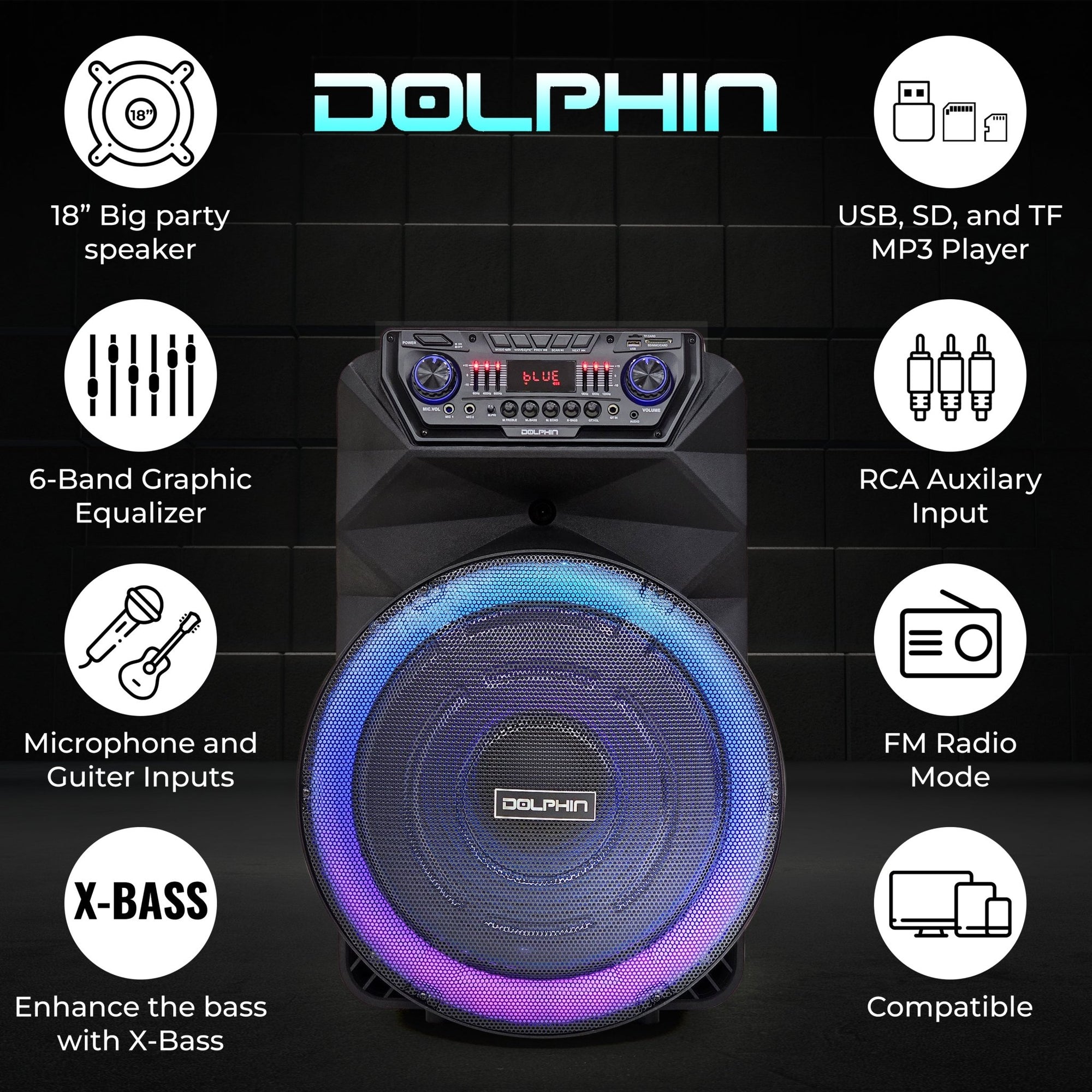 Dolphin SP-18RBT 18" High Powered Rechargeable Party Speaker Wireless ...
